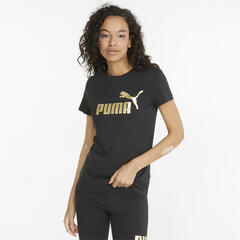 PUMA Essentials+ Metallic Logo T-shirt voor dames PUMA Black Gold Foil ...