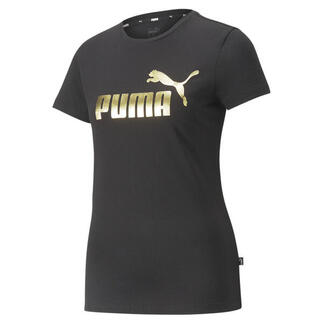 PUMA Essentials+ Metallic Logo T-shirt voor dames PUMA Black Gold Foil ...
