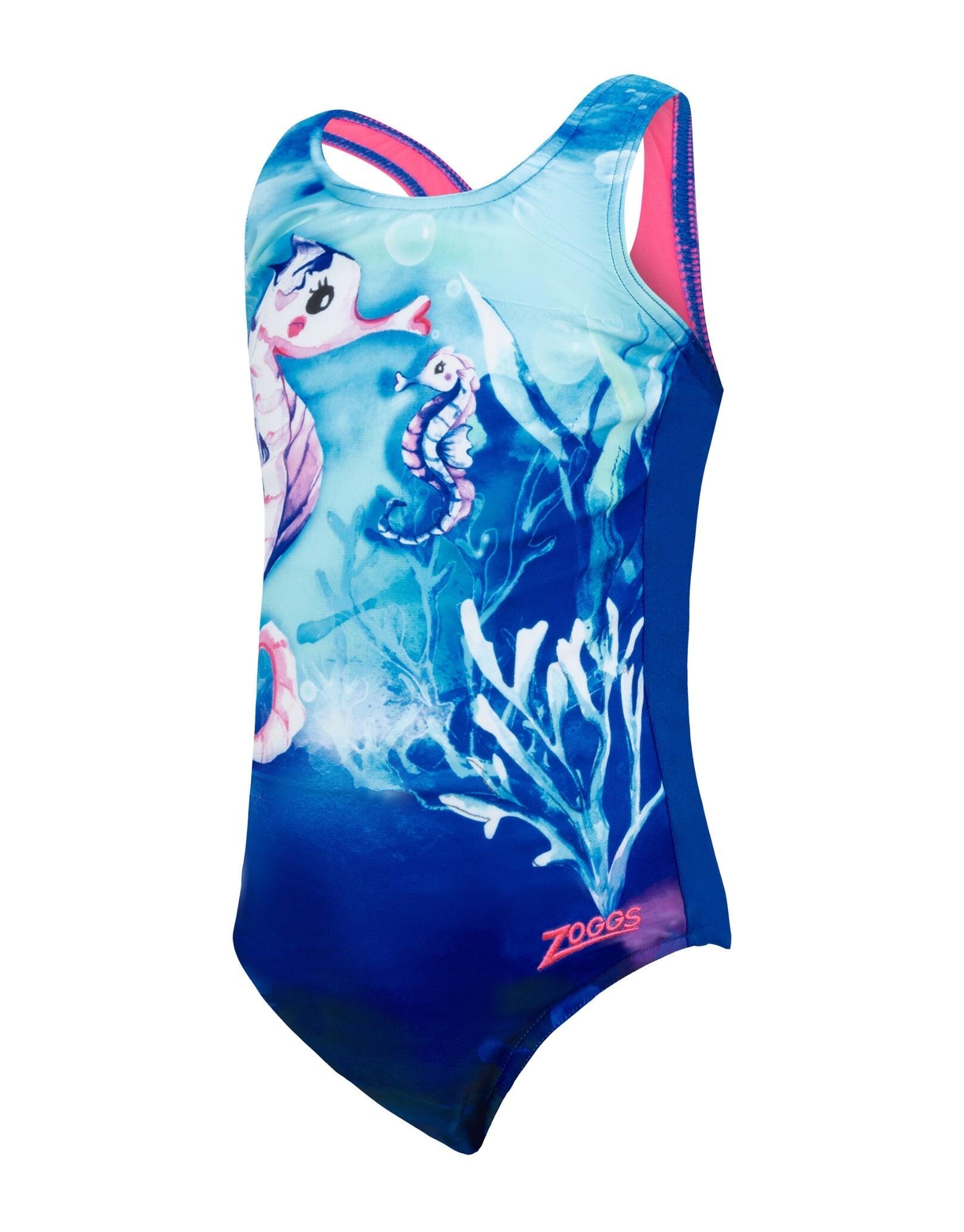 Zoggs Tots Girls Sea Horse Actionback Swimsuit - Blue/Pink ZOGGS ...