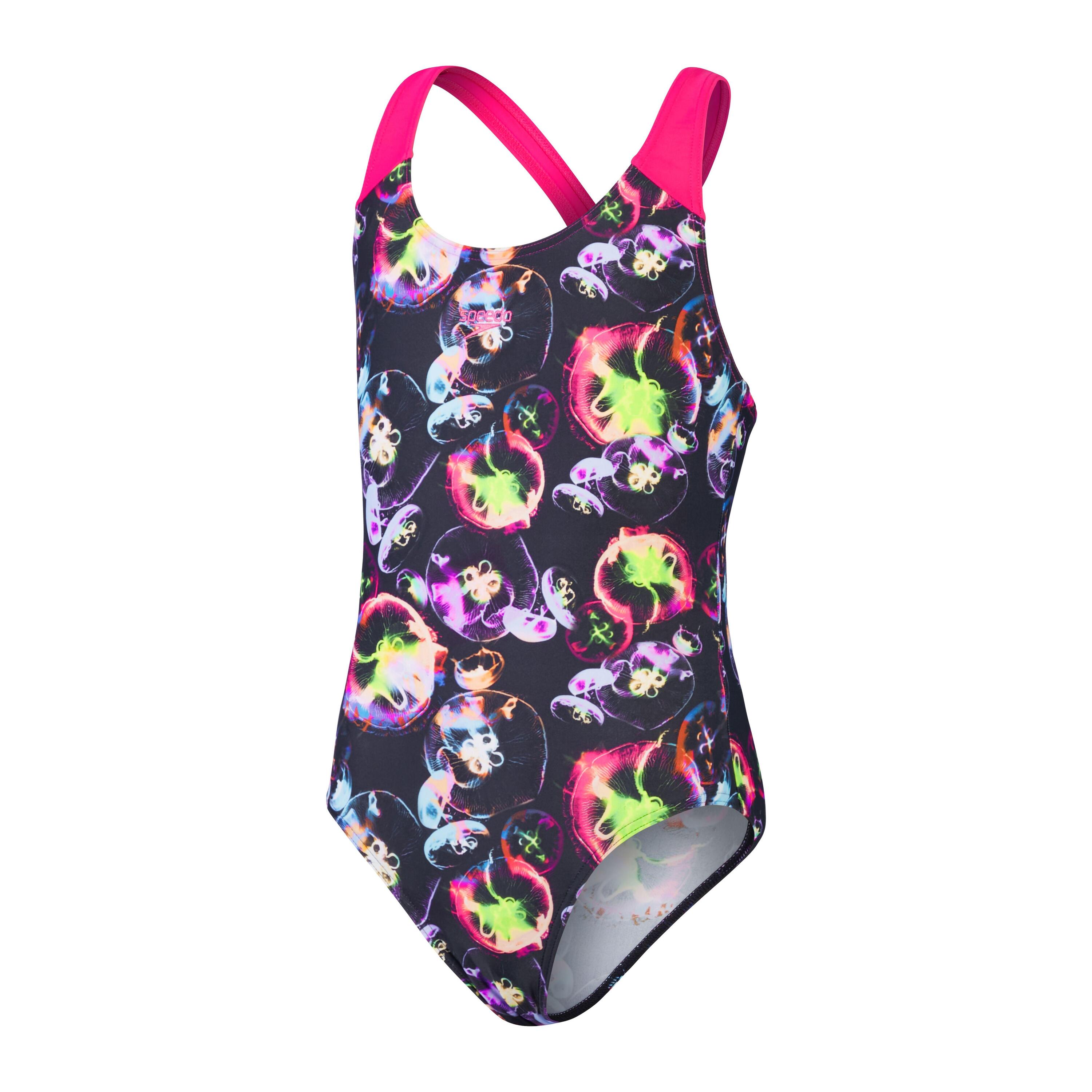 Girls Allover Splashback Swimsuit Black Pink Speedo Decathlon
