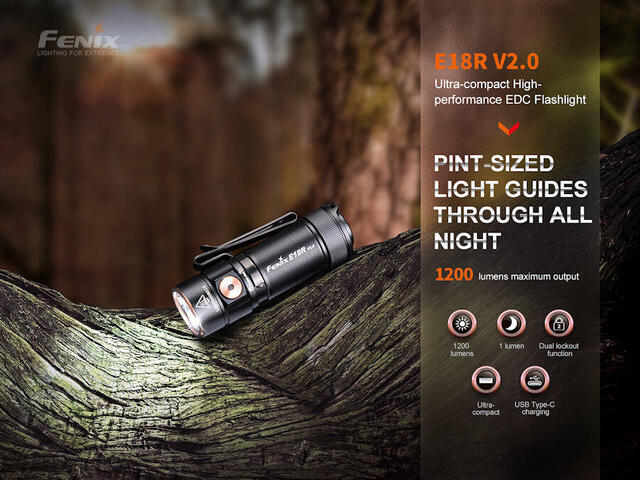 Lampe torche Fenix E18R V2.0 1200 lm compacte USB-C noire | Decathlon