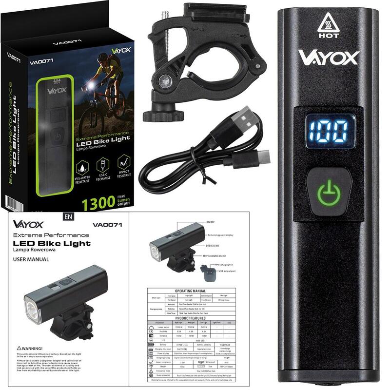 Lampka rowerowa przednia Vayox VA0071 1300lm akumulatorowa LCD ...