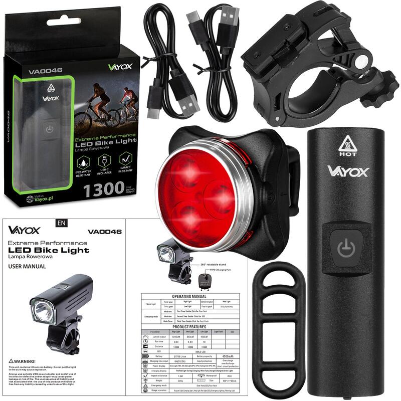 Kerékpár lámpa készlet VAYOX VA0046 + VA0117 első és hátsó USB VAYOX ...