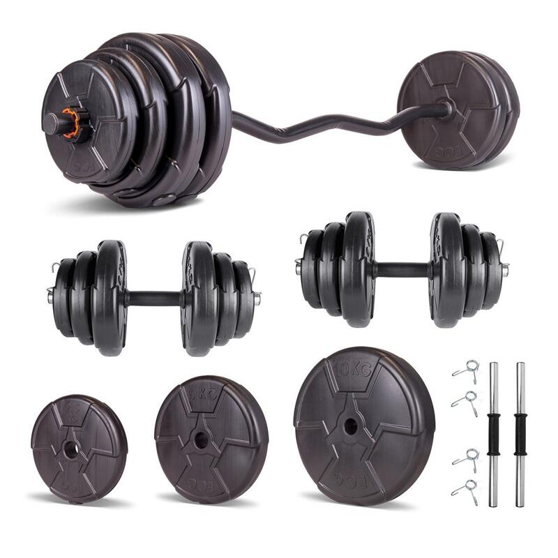 PROGRESSIVE - Set haltera si gantere reglabile de 60KG cu 2bare de 40cm, o bara Z 120cm, negru ...