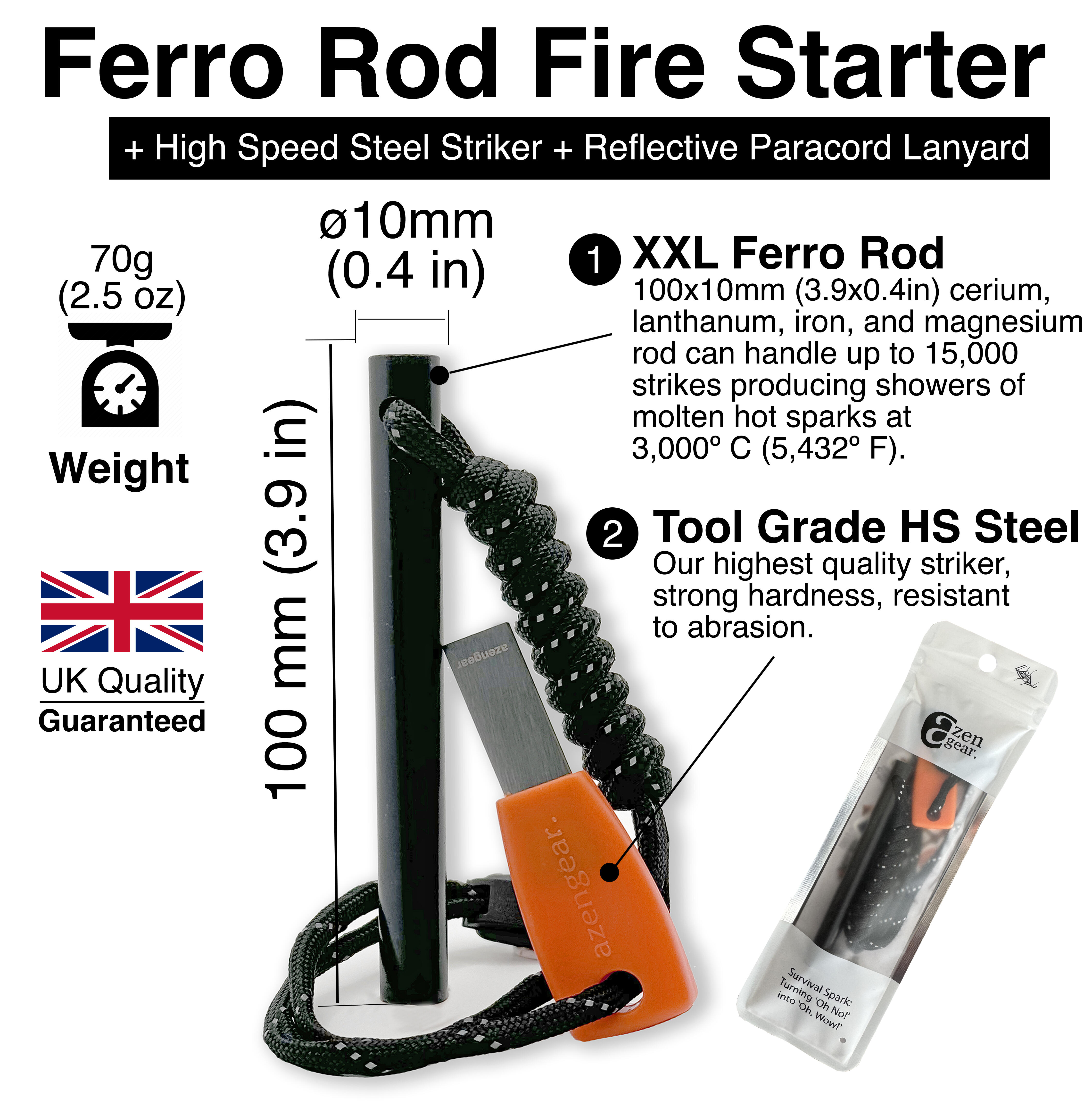 Camping Flint & Steel Fire Starter, Ferro Rod, Striker, Waterproof ...