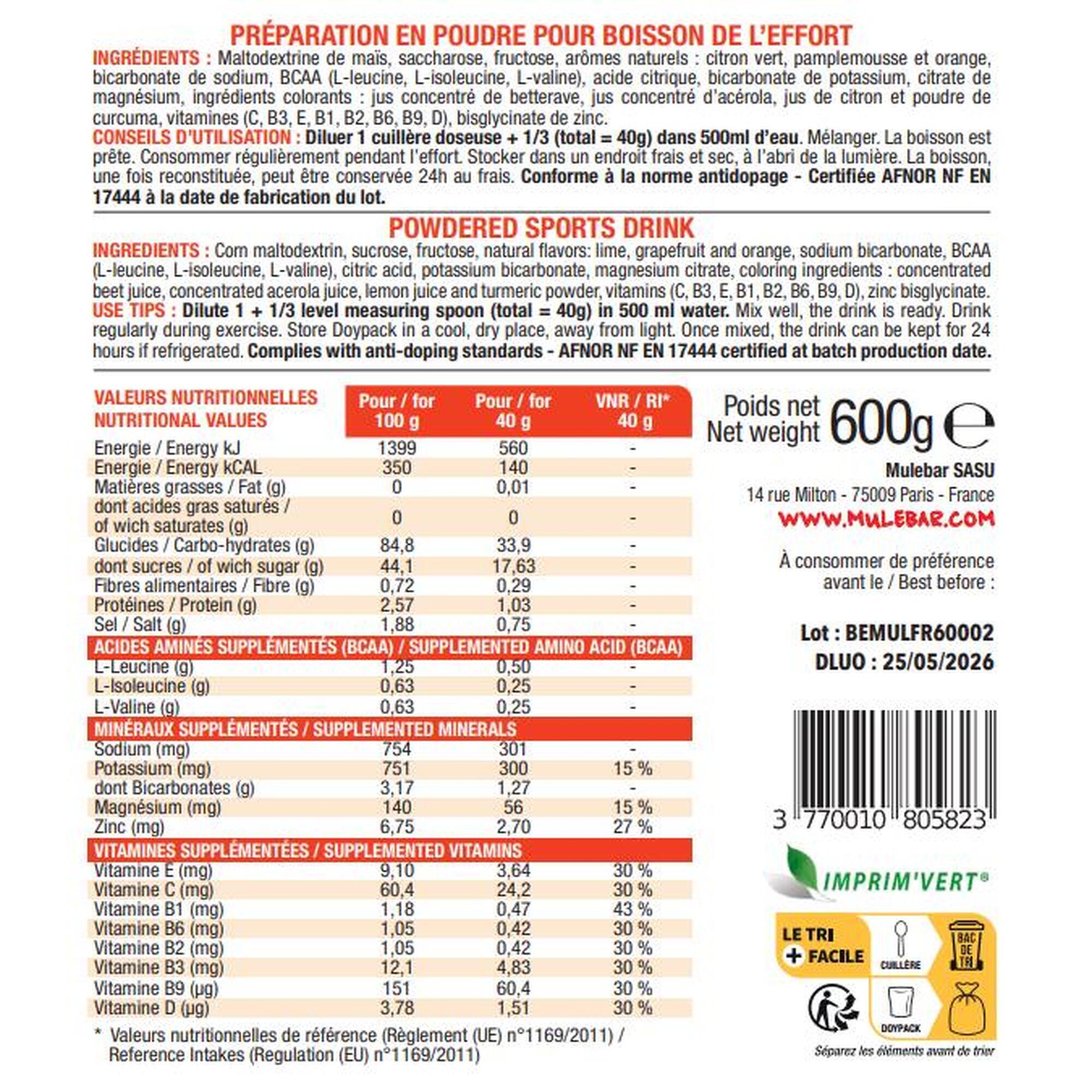 Boisson énergétique de l'effort - isotonique - Mulebar - agrumes - 600g ...