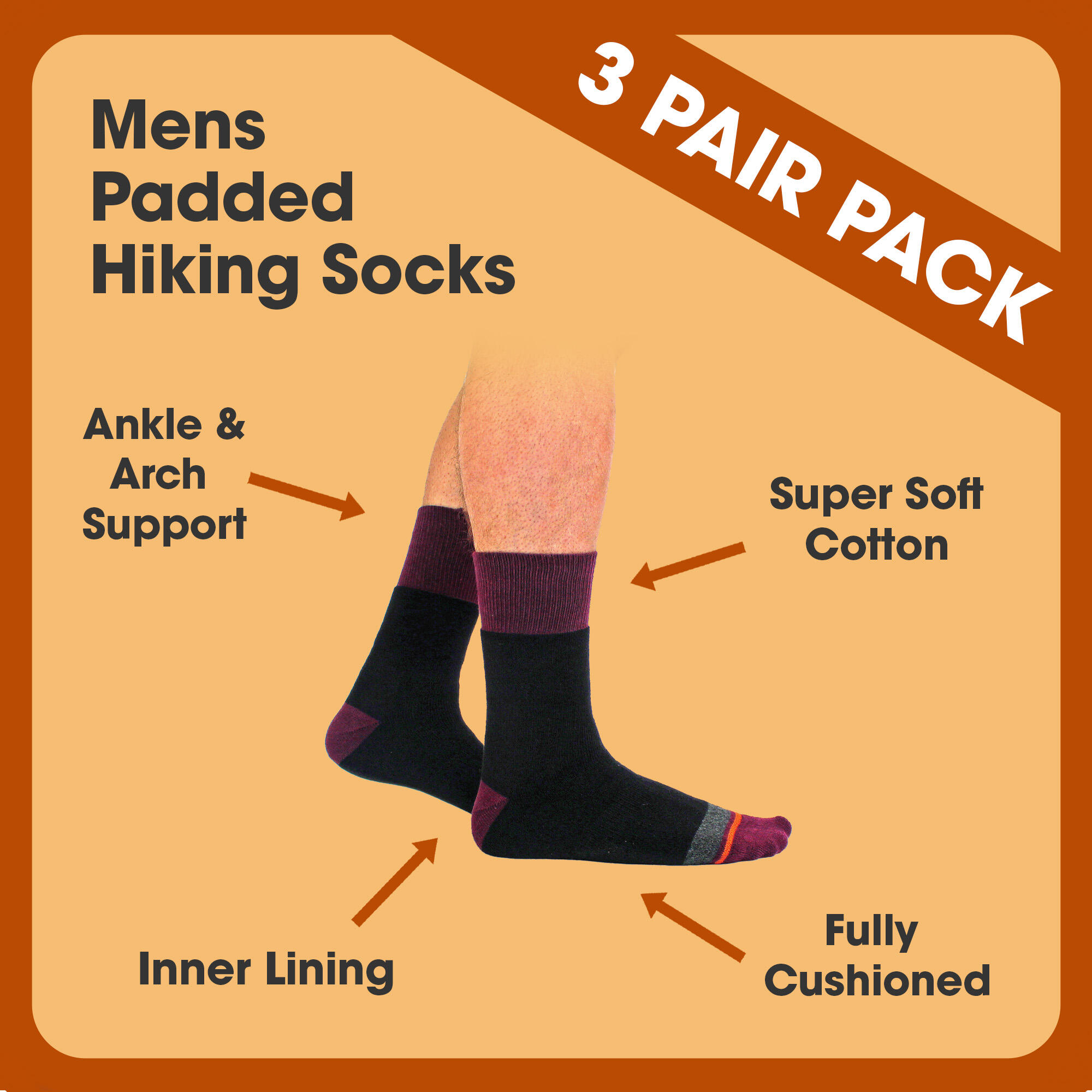 3 Pack Mens Cushioned Anti Blister Dual Layer Hiking Socks PENINSULA ...