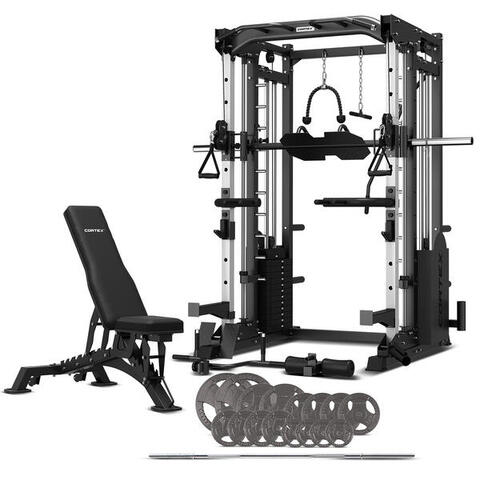 CORTEX SM-25-6 In-1 Power Rack w Smith & Cable Machine + Bench + Weights Package