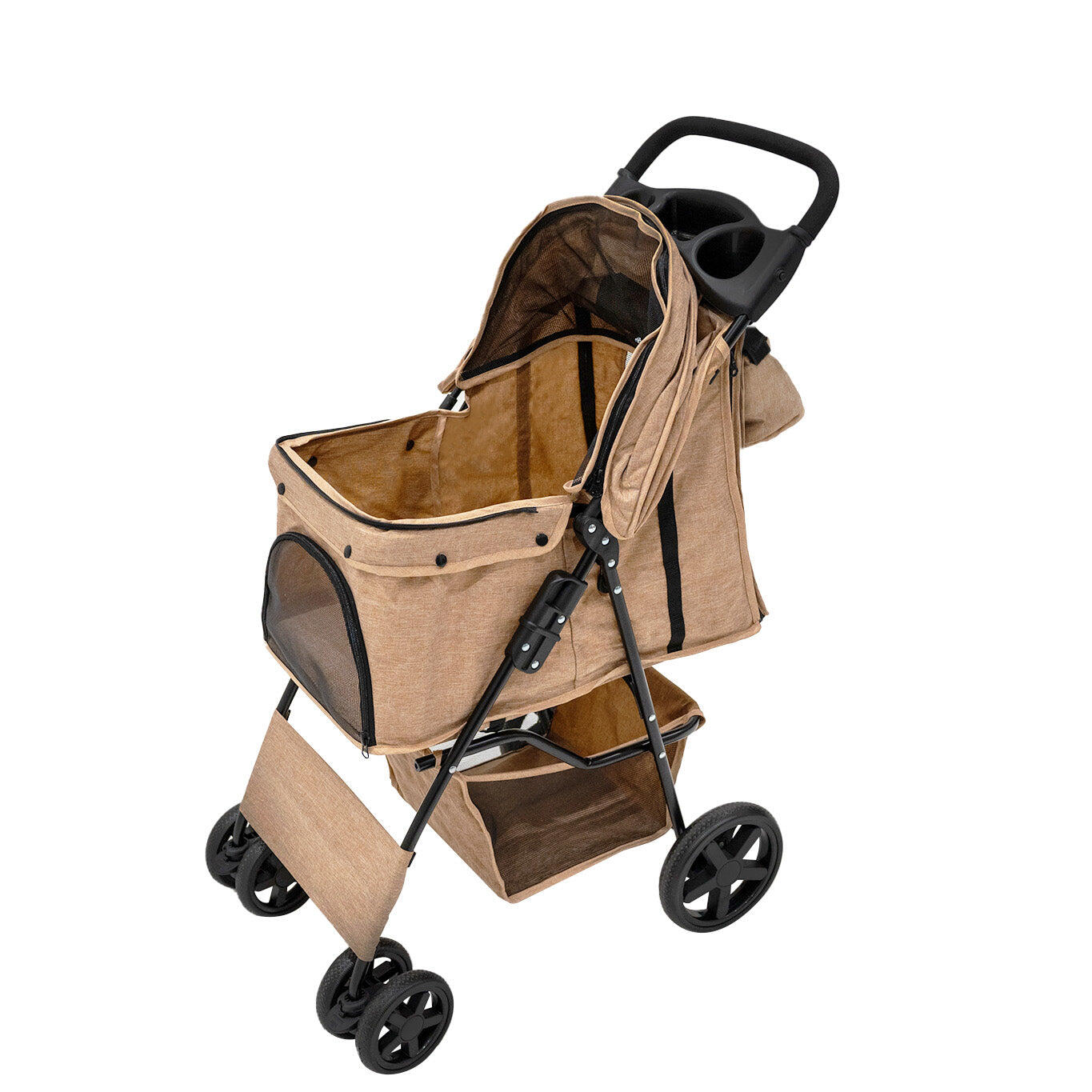 Pet Stroller with Rain Cover & Caddy Bag - Woven Beige MONSTER | Decathlon