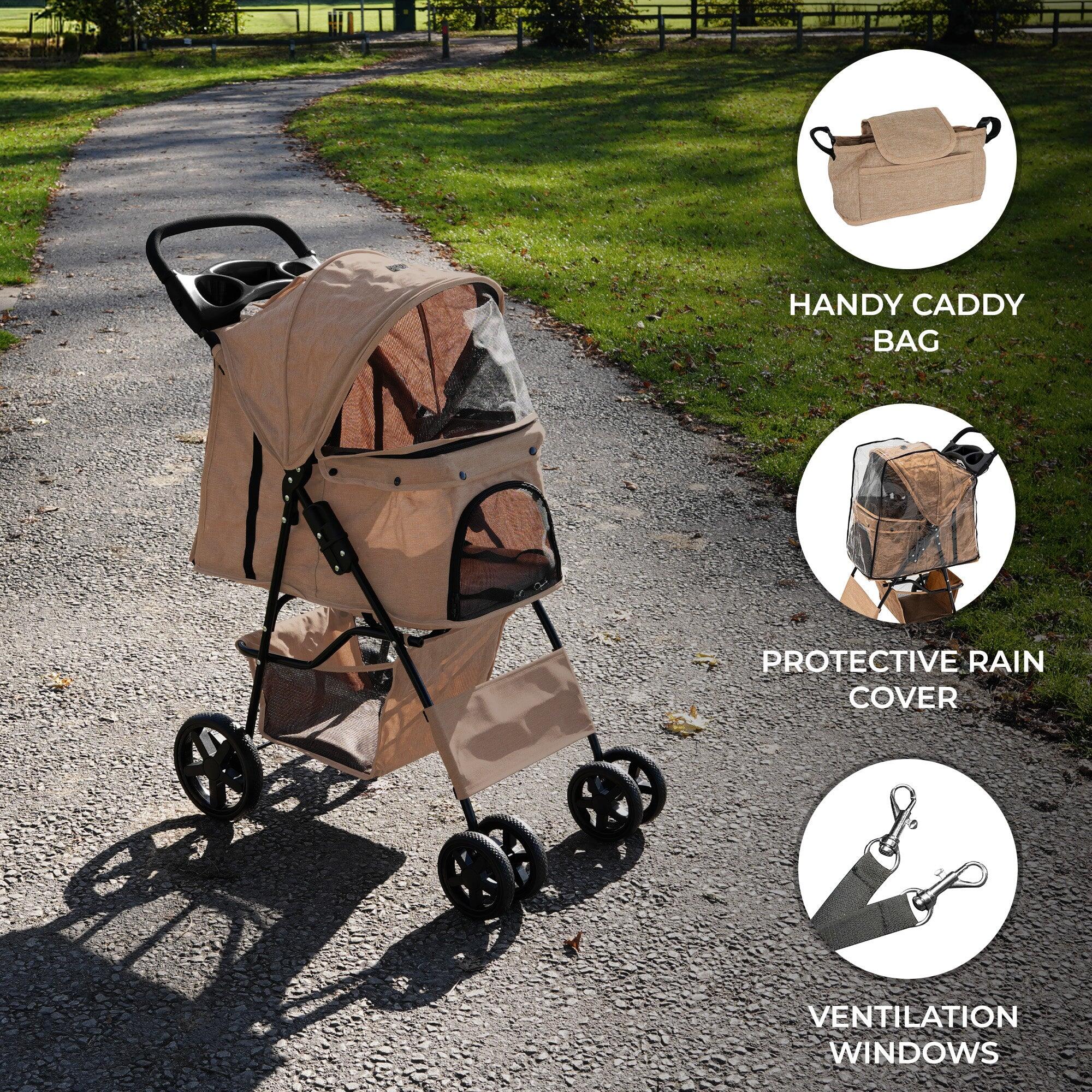 Pet Stroller with Rain Cover & Caddy Bag - Woven Beige MONSTER | Decathlon