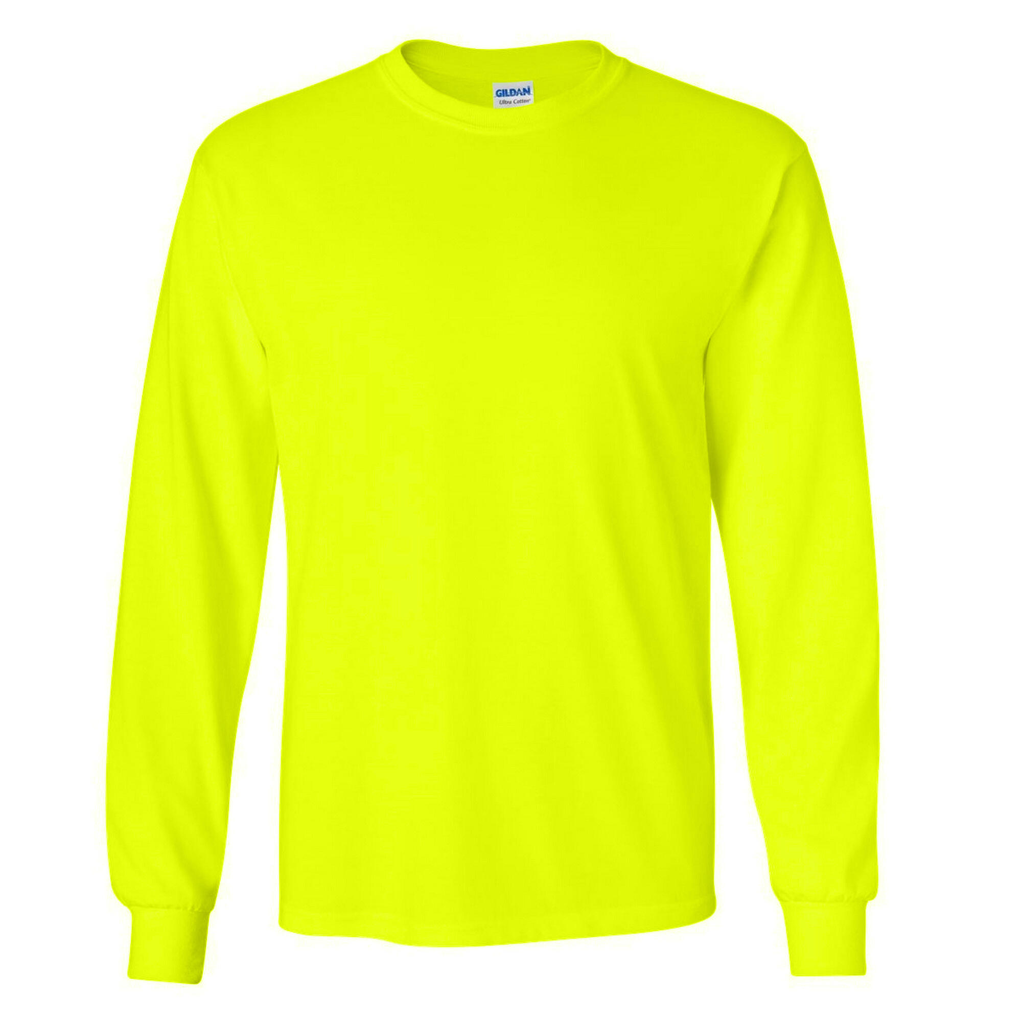 Mens Plain Crew Neck Ultra Cotton Long Sleeve TShirt (New Safety Green ...