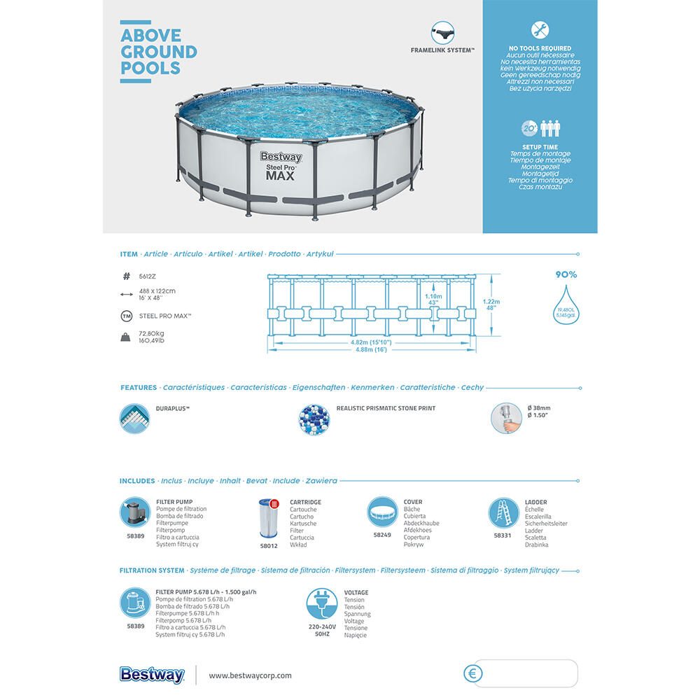 Steel Pro Max Above-Ground Pool 4.88 x 1.22 m Steel DuraPlus Blue ...