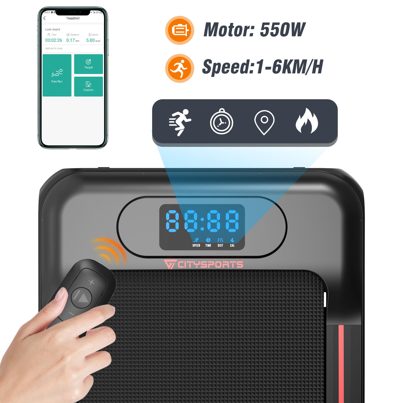 Walking Treadmill, Black - Speed 1.0-6.0 km/h - APP - LED Screen ...