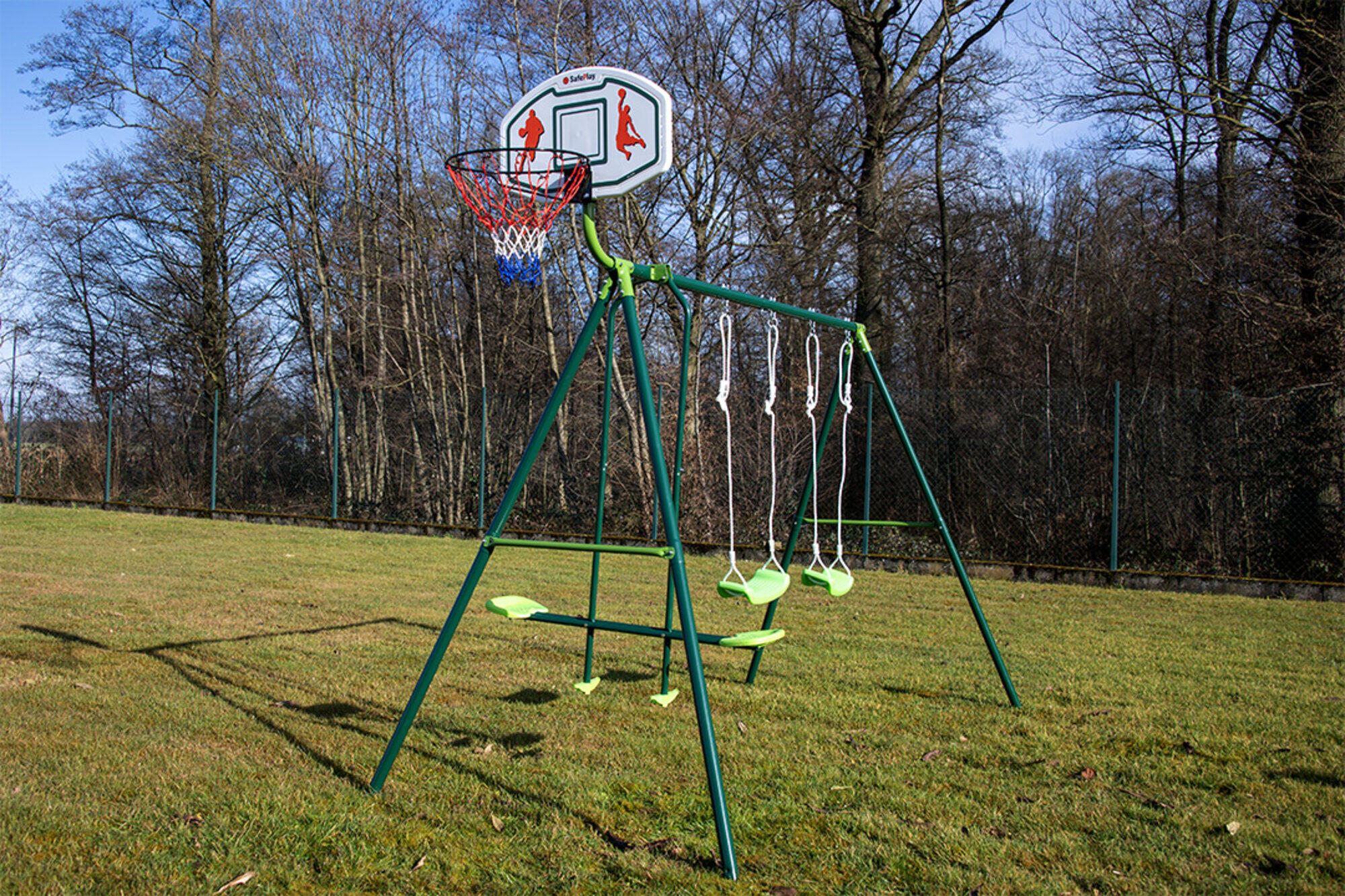 Triple-swing set with basketball hoop - forest green steel, PE seats ...