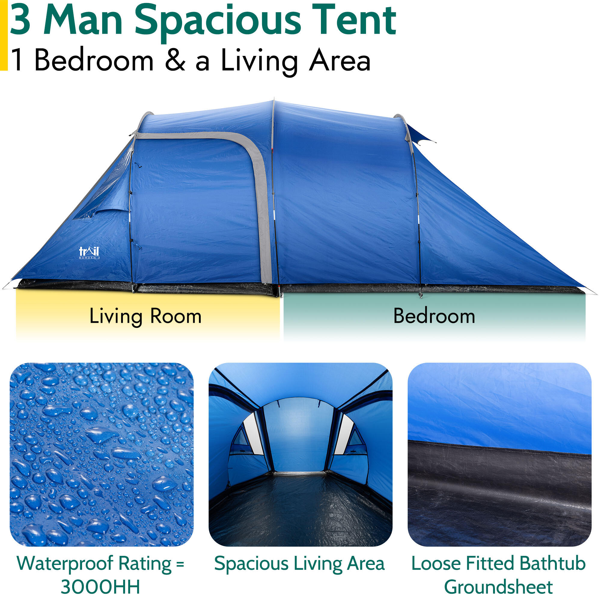 3 Man Tent Camping Festival Living Area Darkened Bedroom Waterproof ...