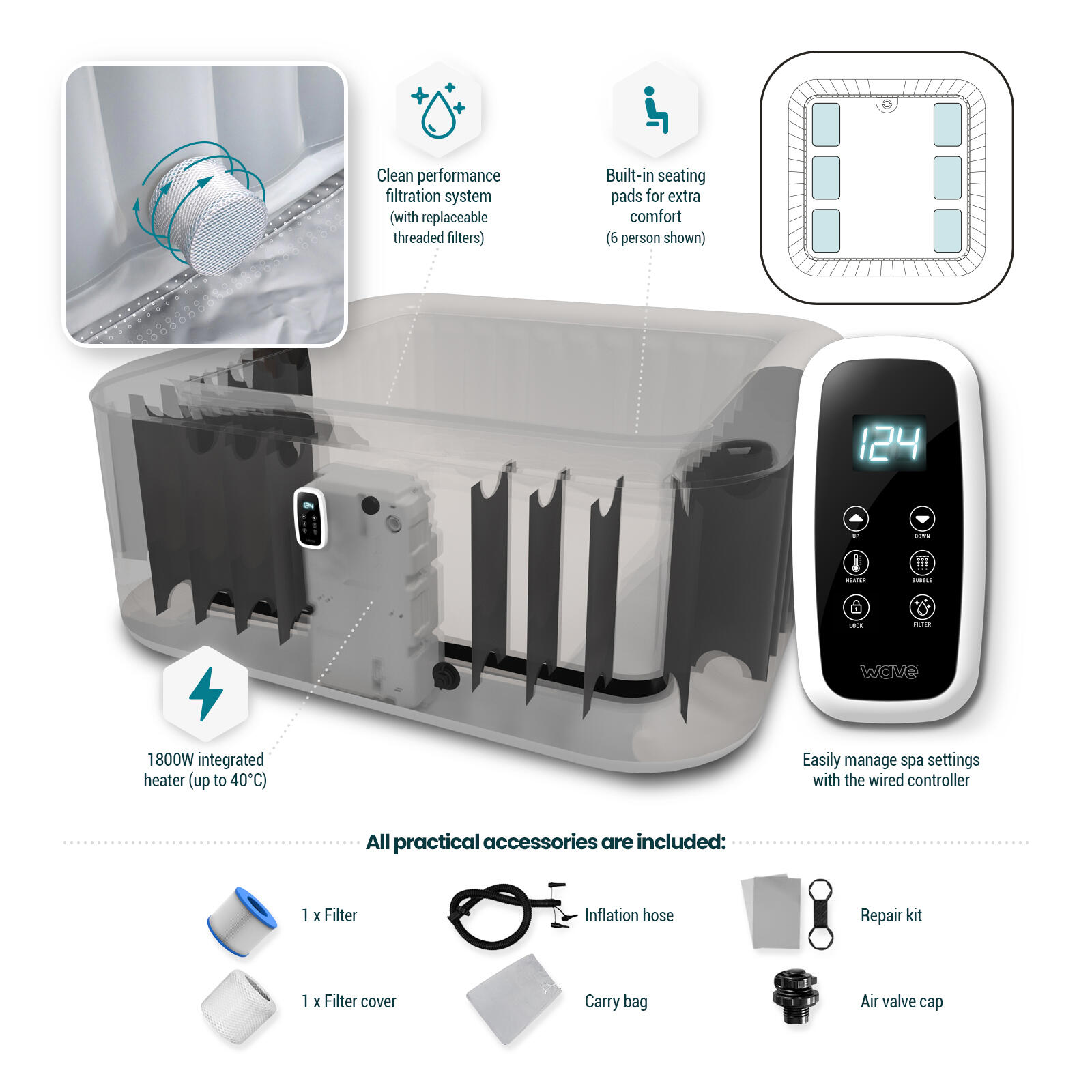 Wave Pacific | 4-Person Inflatable Hot Tub | Integrated Heater WAVE ...