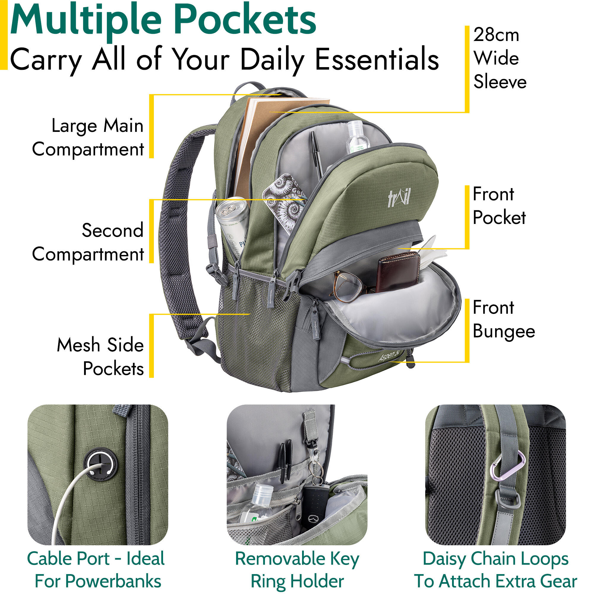 Trail 30L Backpack Padded Straps Multi Pocket Daypack School Work ...