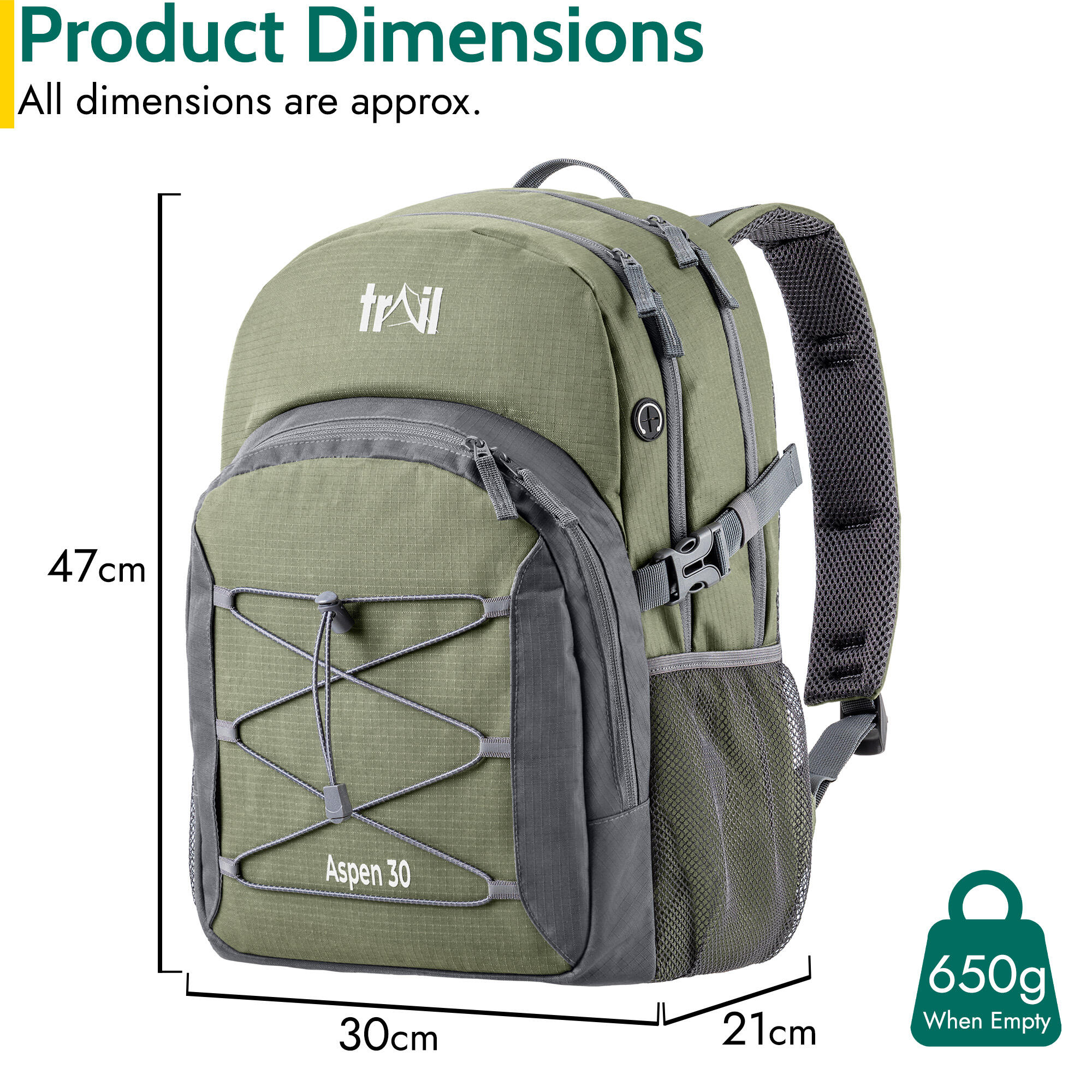 Trail 30L Backpack Padded Straps Multi Pocket Daypack School Work ...