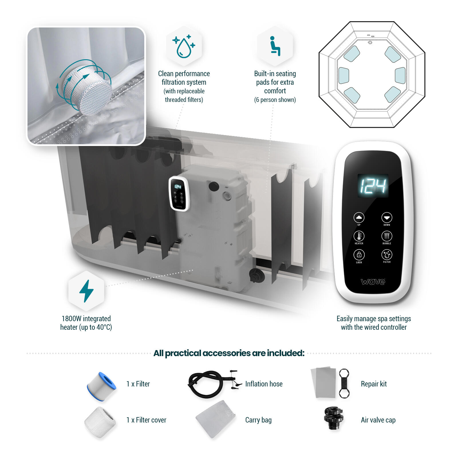 Wave Aegean | 6-Person Inflatable Hot Tub | Integrated Heater WAVE ...