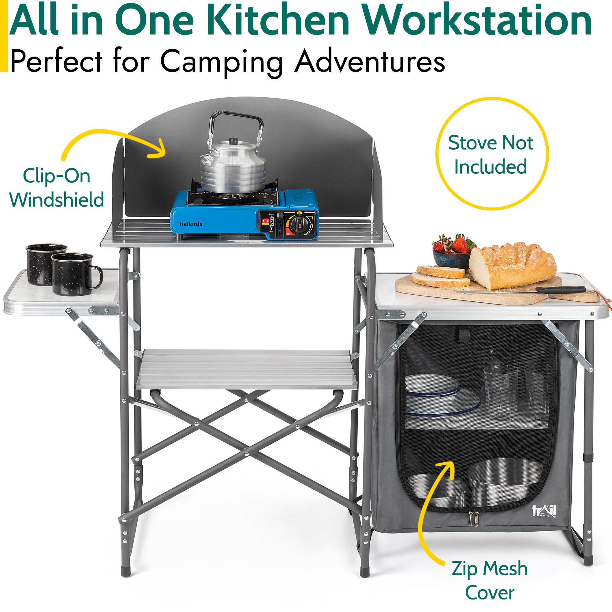 Camping Kitchen Stand Unit Folding Aluminium Cooking Station With ...