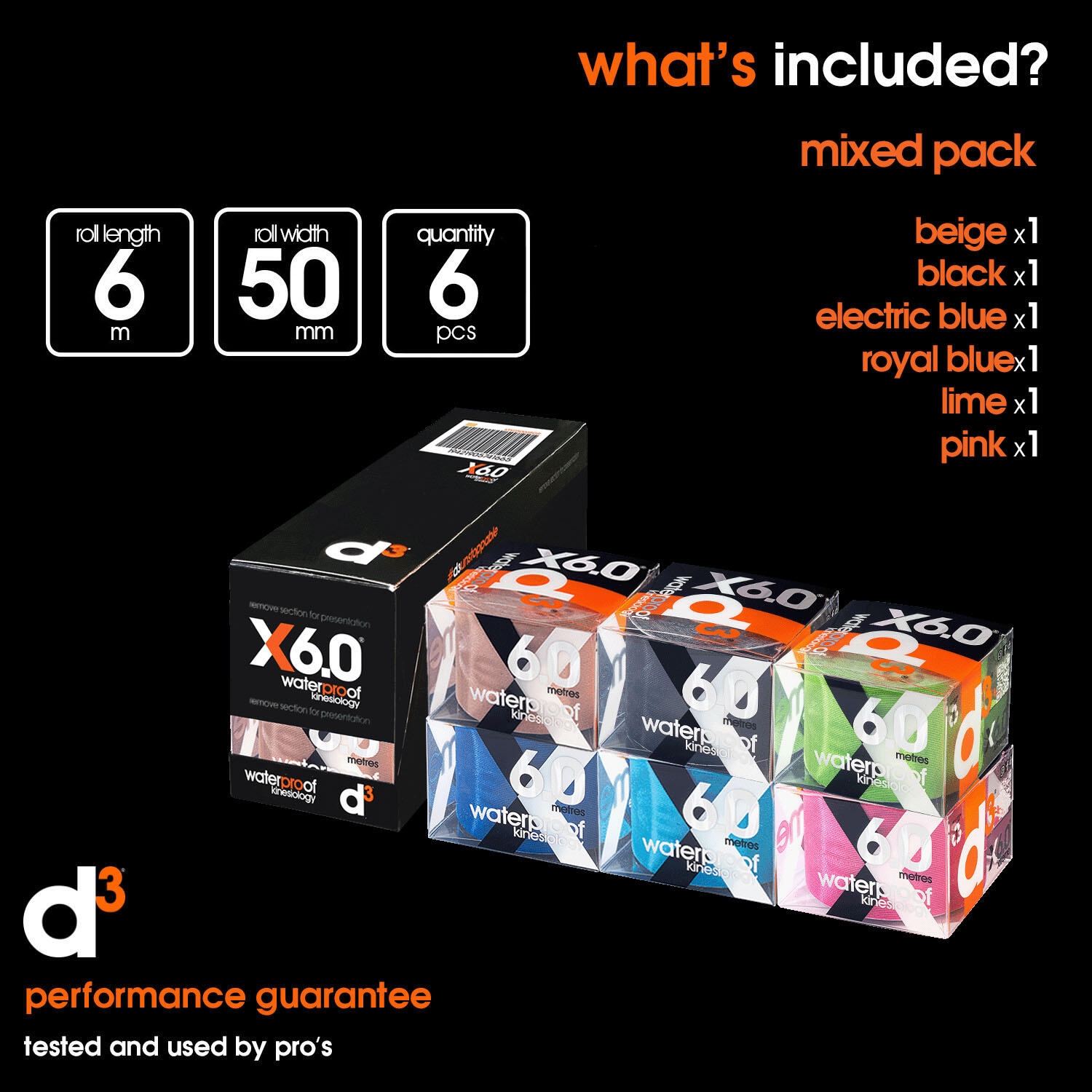 X6.0 Xtreme Waterproof Kinesiology Tape 50mm x 6m - Mixed - 6 Rolls D3 TAPE | Decathlon