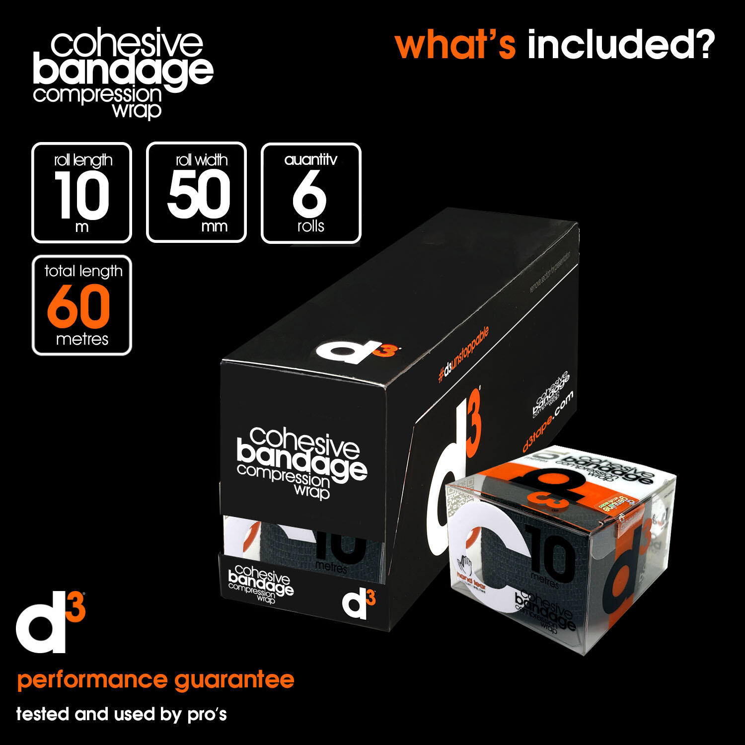 Cohesive Bandage 50mm x 10m Compression Wrap - Black - 6 Rolls D3 TAPE ...