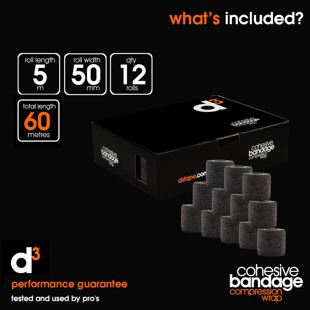 Cohesive Bandage 50mm x 5m Compression Wrap - Black - 12 Rolls D3 TAPE ...