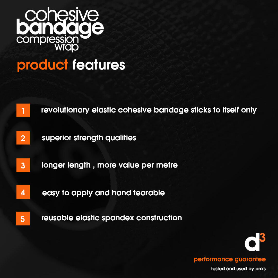 Cohesive Bandage 75mm x 5m Compression Wrap - Black - 12 Rolls D3 TAPE | Decathlon