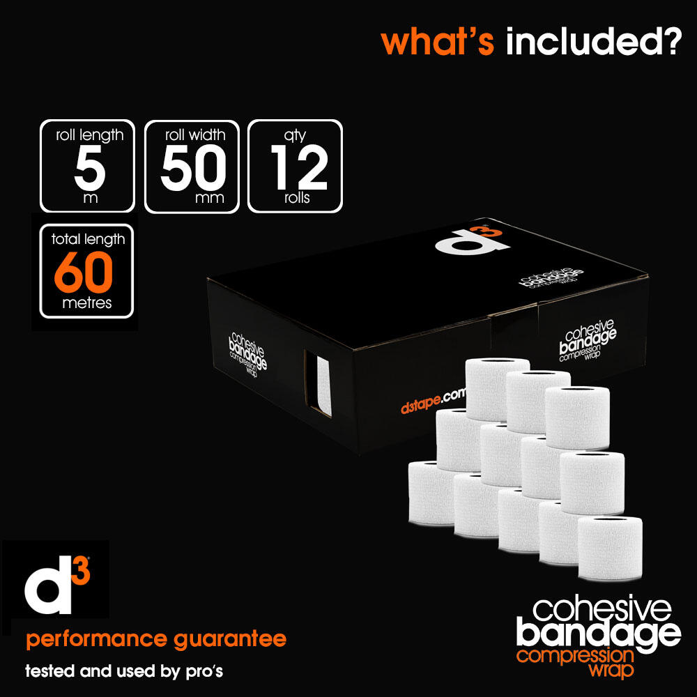Cohesive Bandage 50mm x 5m Compression Wrap - White - 12 Rolls D3 TAPE ...
