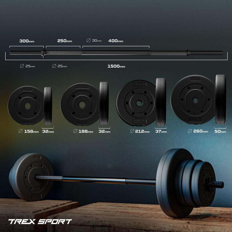 Set haltères en bitume Trex Sport 28 kg avec barre de musculation 150 ...