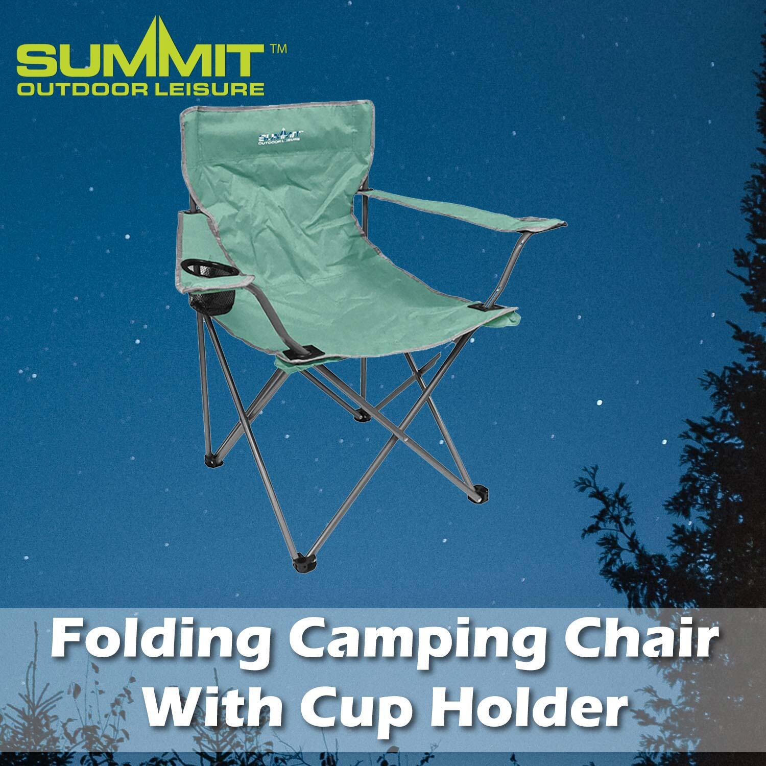 Folding Camping Chair With Cup Holder Pack Away 51cm x 81cm Green X 1 SUMMIT | Decathlon