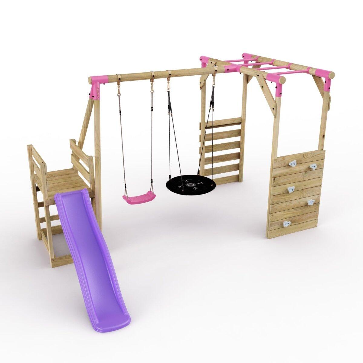 Rebo Wooden Swing Set with Monkey Bars plus Deck & 6ft Slide ...