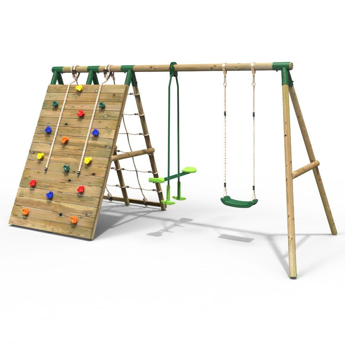 Rebo Beat The Wall Wooden Swing Set with Double up & Over Climbing Wall – Peak OUTDOOR TOYS ...