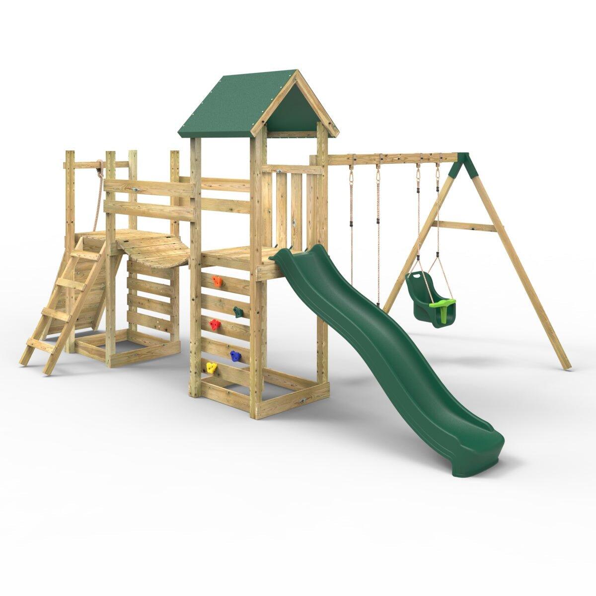 Rebo Double Tower Climbing Frame with Flexible Bridge, Swing & Slide ...