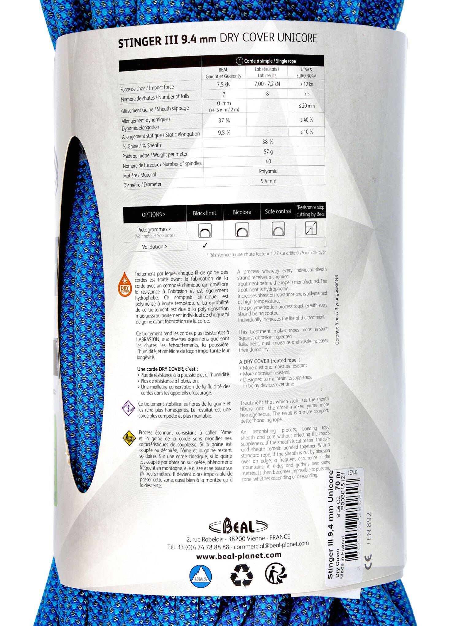 Lina dynamiczna Beal Stinger III 9,4 mm 70 m Unicore Dry Cover - blue ...