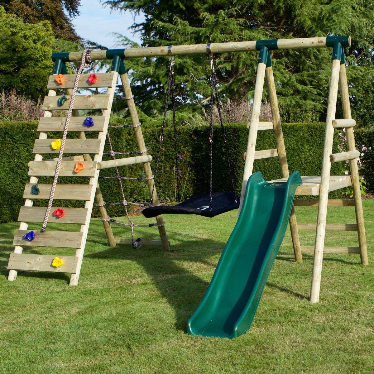 Rebo Wooden Swing Set with Deck and Slide plus Up and Over Climbing Wall - Onyx | Decathlon