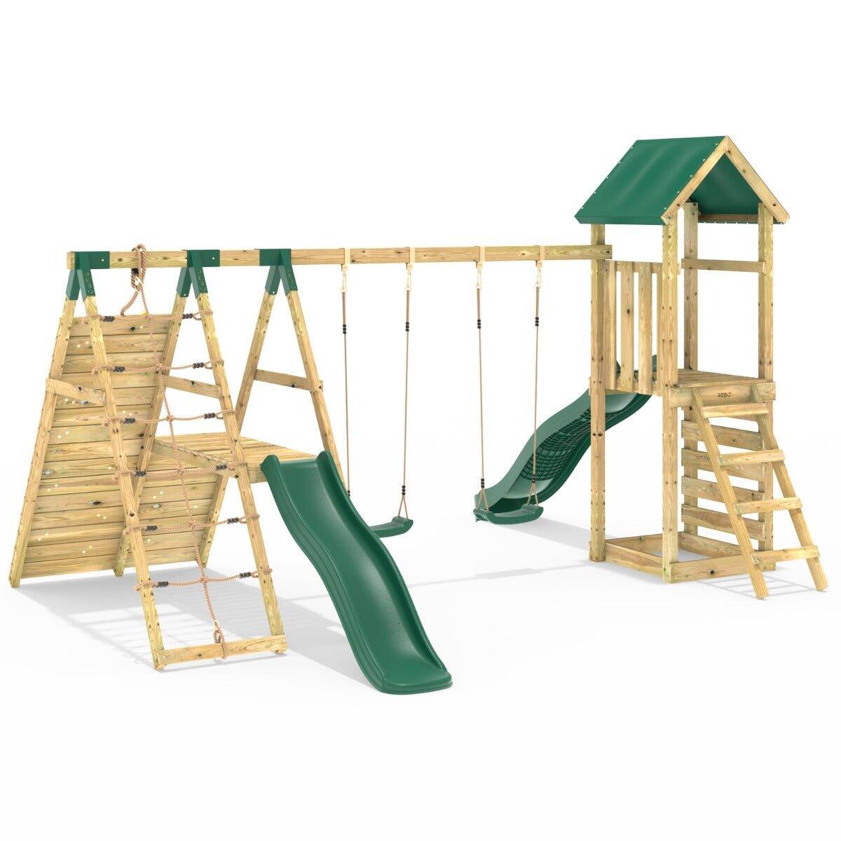 Rebo Wooden Climbing Frame with Swings, 6+8FT Slides & Climbing Wall ...