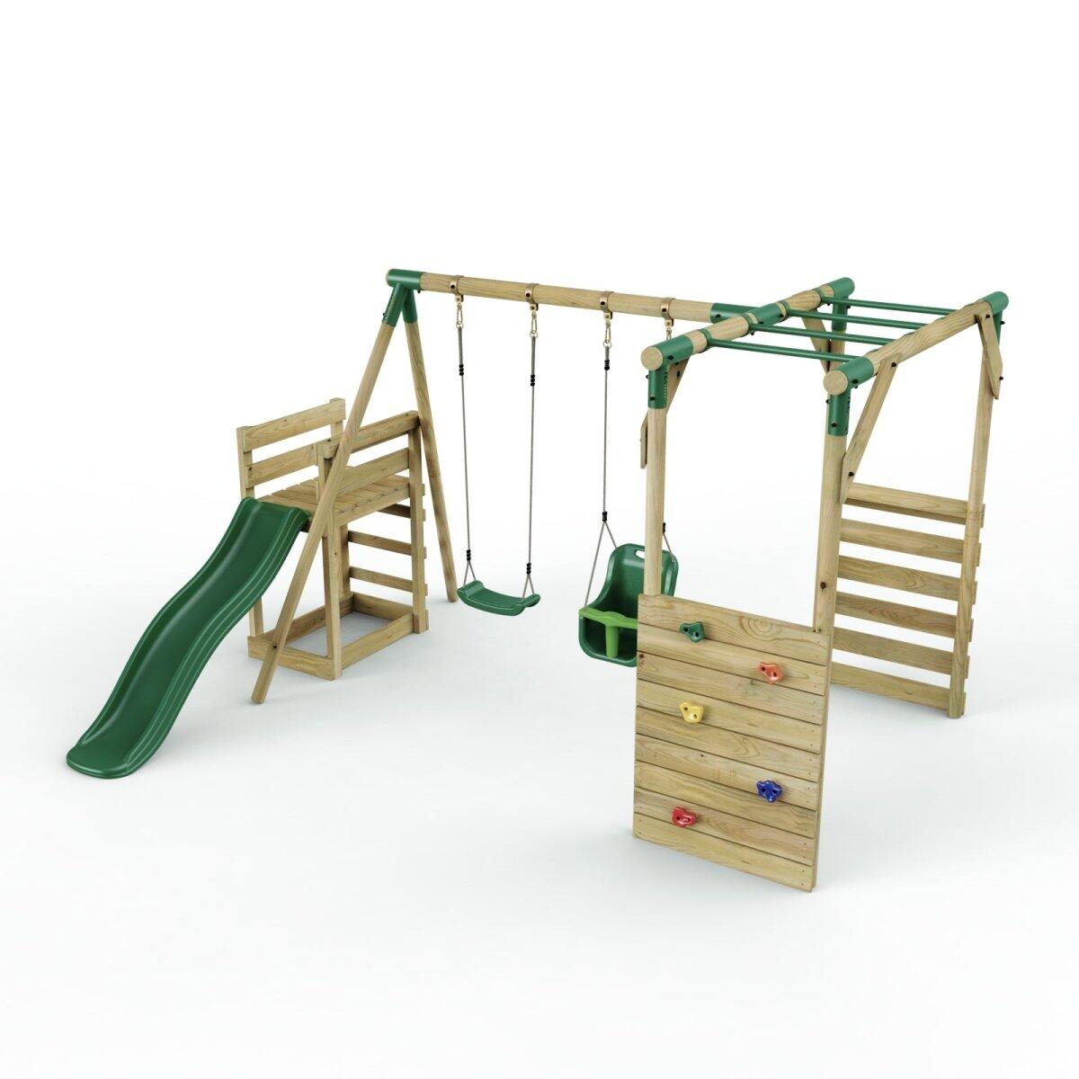 Rebo Wooden Swing Set with Monkey Bars plus Deck & 6ft Slide - Luna ...