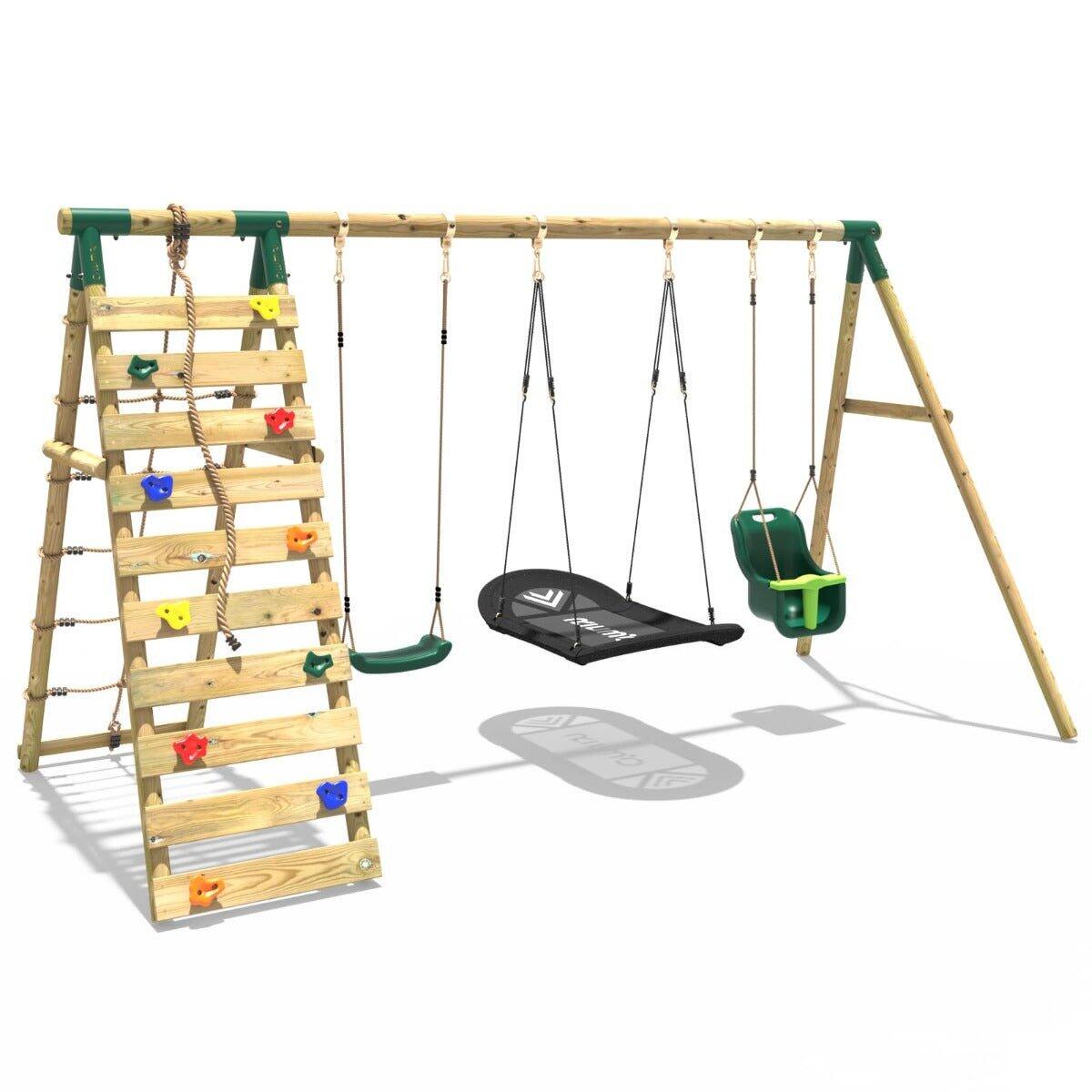 Rebo Wooden Swing Set with Up and Over Climbing Wall - Skye Green ...