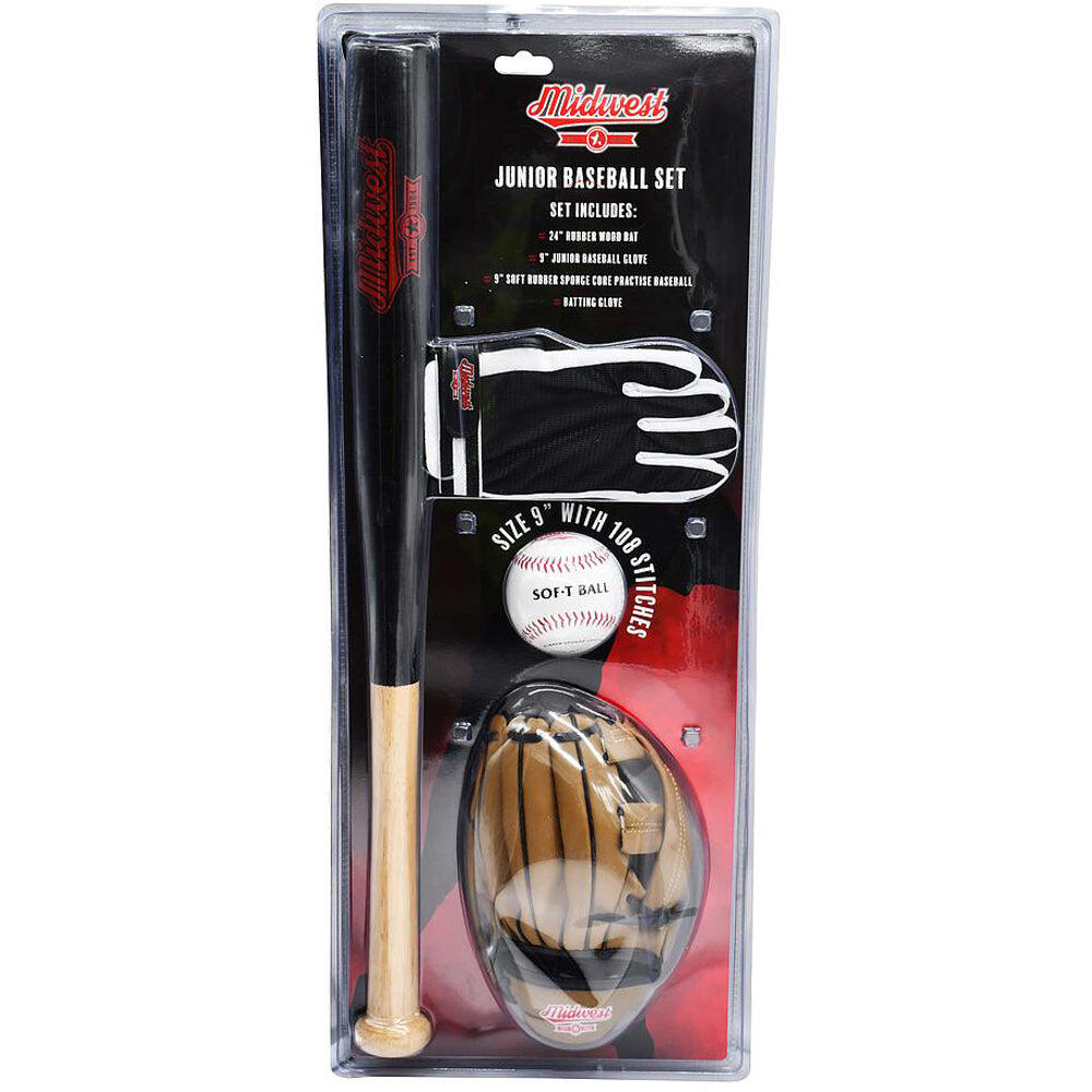 Junior Wood Baseball Bat Glove & Ball Set - Tanned Vinyl Leather Double ...