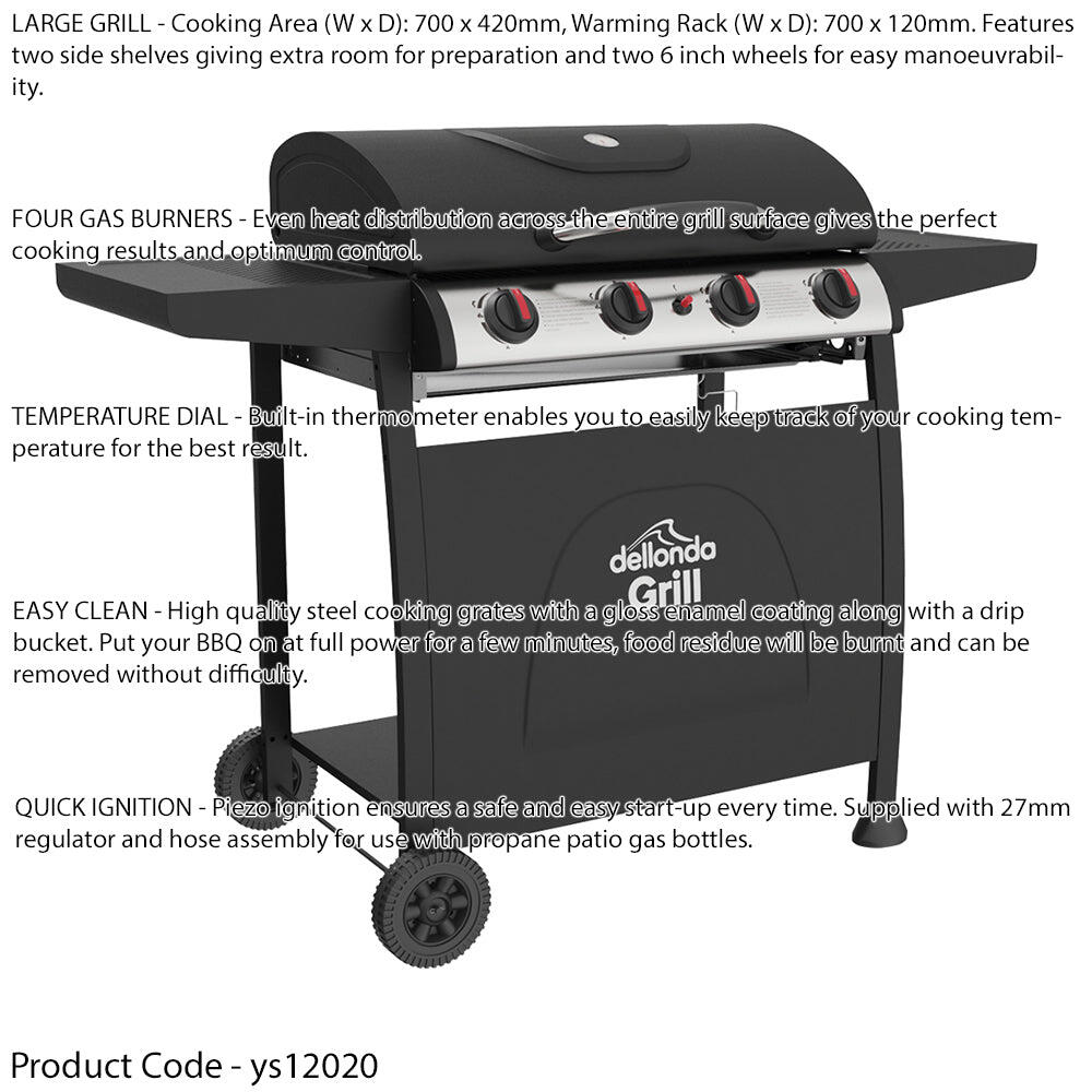 4 Burner Gas BBQ Grill & Ignition - Portable Garden Cooking - Easy ...
