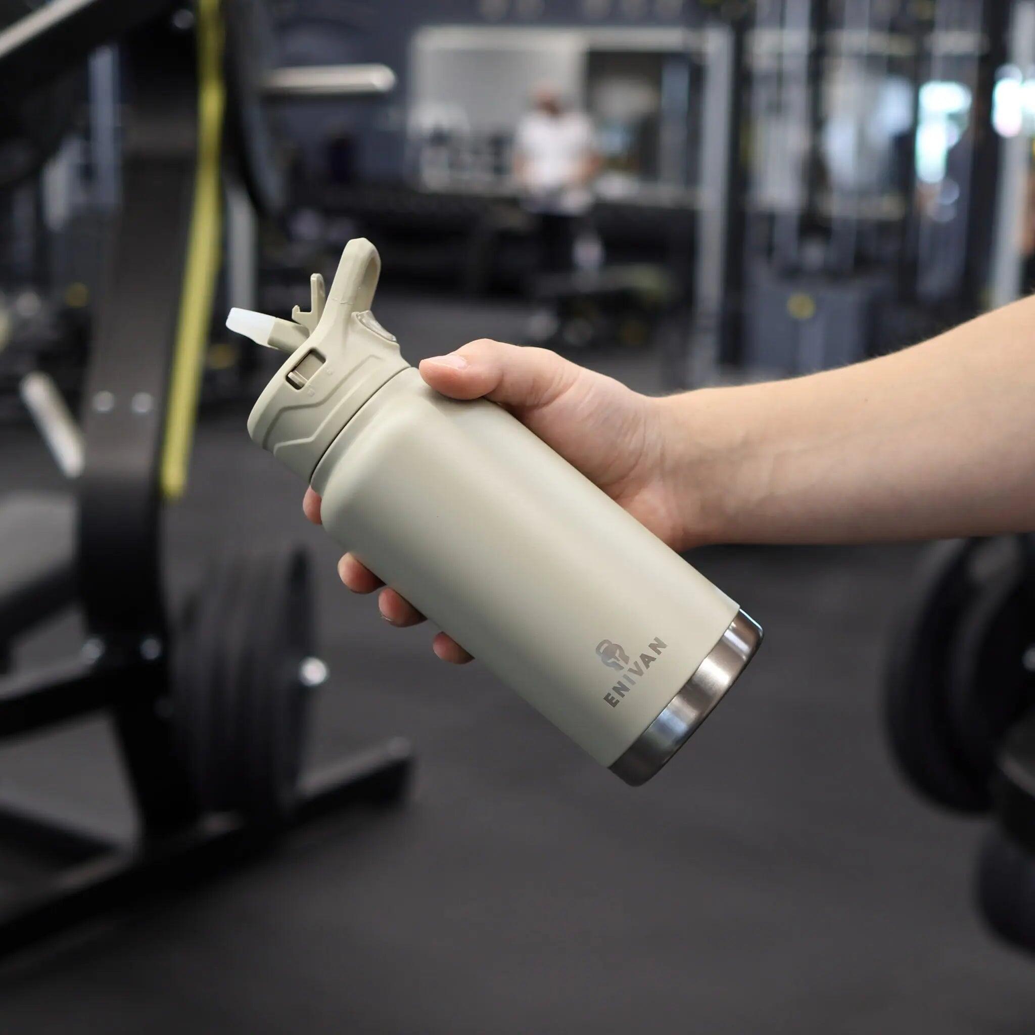 Isolerende RVS drinkfles 1L, lekvrij met sportdop en rietjesdop ENIVAN ...