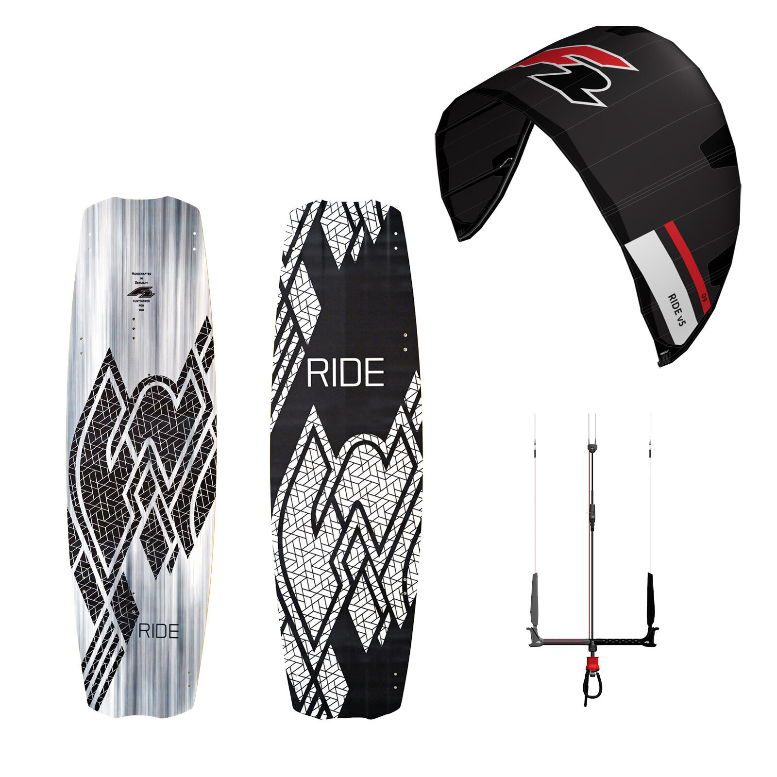 F2 Set Kite Ride V5 9qm + Kiteboard Ride White Icon 137cm + Control Bar ...