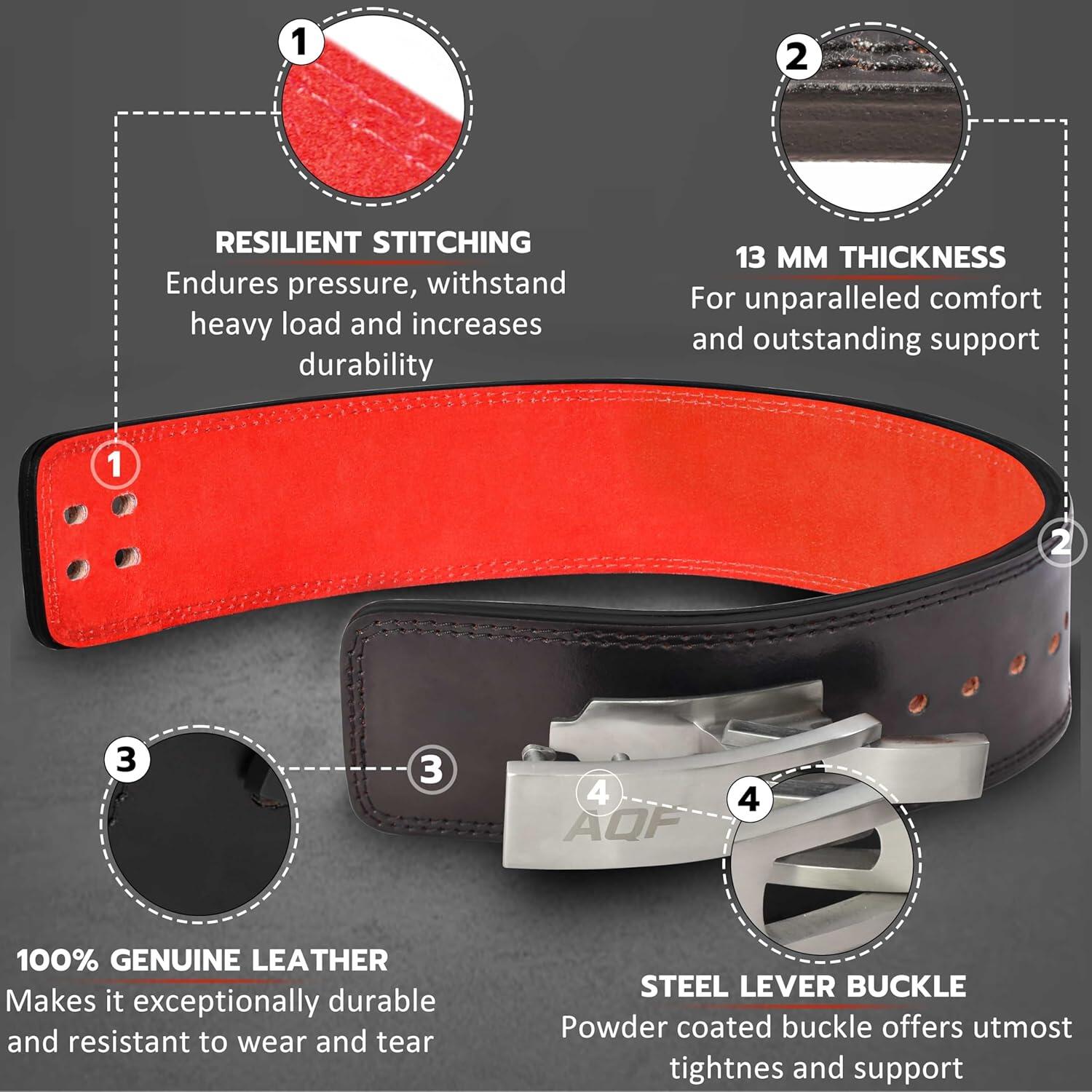 AQF Weight Lifting Belt 4", 13mm Leather Lever Buckle Back Support for ...