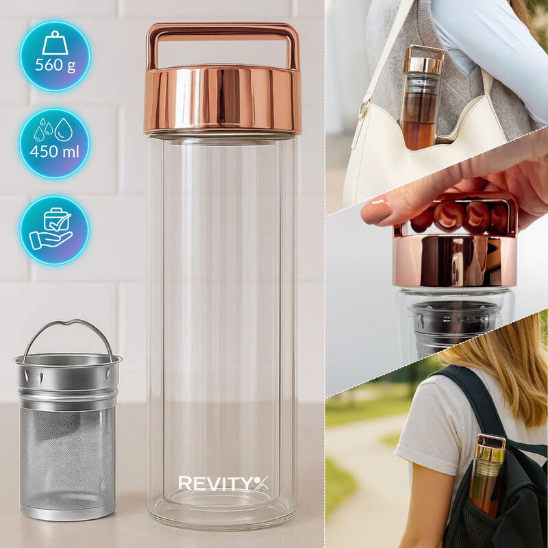 REVITY - Sticlă termică din sticlă cu infuzor pentru ceai băuturi calde ...