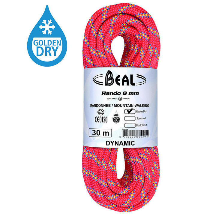 Corde BEAL Rando 8,0 mm Golden Dry 48 m légère imperméable rose BEAL ...