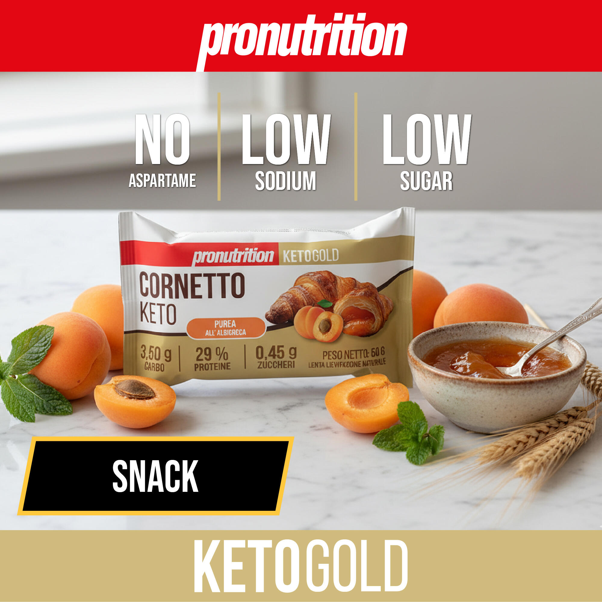 PRO NUTRITION Cornetto Keto Albicocca 35 x 50 g, senza zuccheri ...