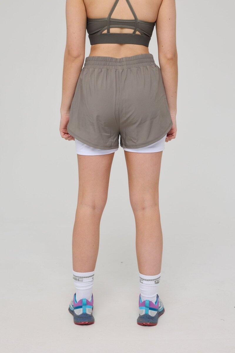 OOSC Elite 2-in-1 Women's Running Shorts — Khaki High-Waist Lined ...