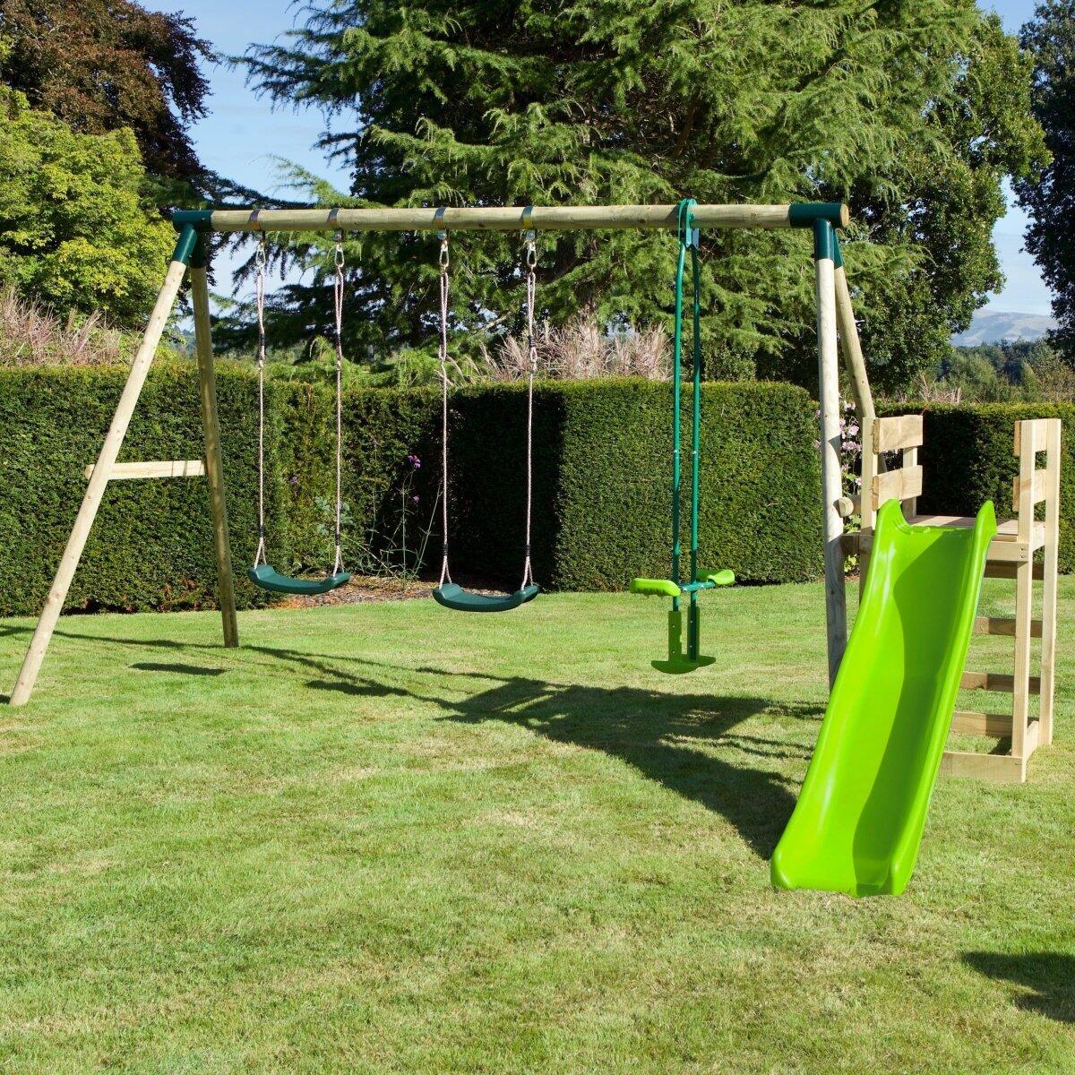 Wooden Triple Swing Set with Glider and Slide - Neptune Green | Decathlon