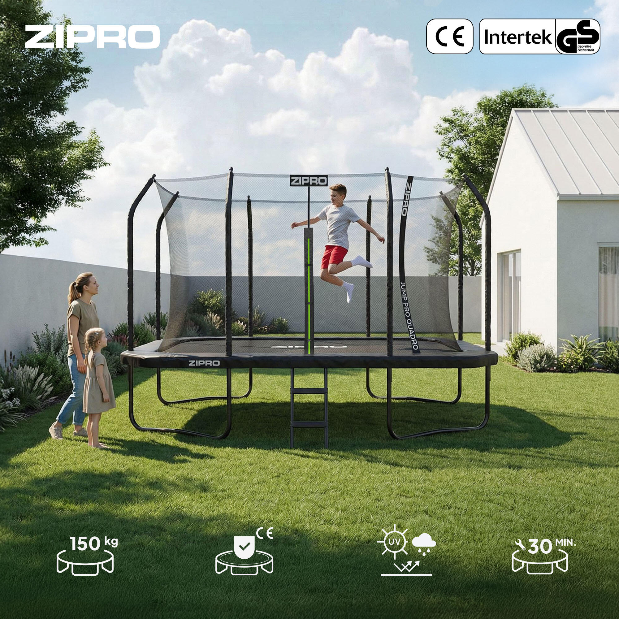 Trampoline rectangulaire Jump Pro Quadro 366x244 cm avec filet échelle ...
